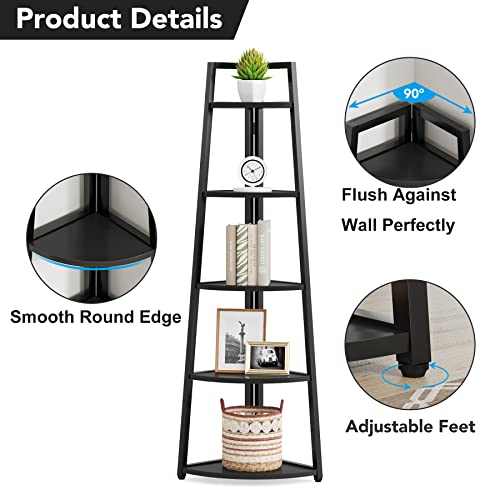 Tribesigns 5 Tier Corner Bookshelf and Bookcase, 70 inch Tall Corner Shelves Rustic Corner Ladder Shelf Indoor Plant Stand for Living Room, Kitchen, Home Office (Black)