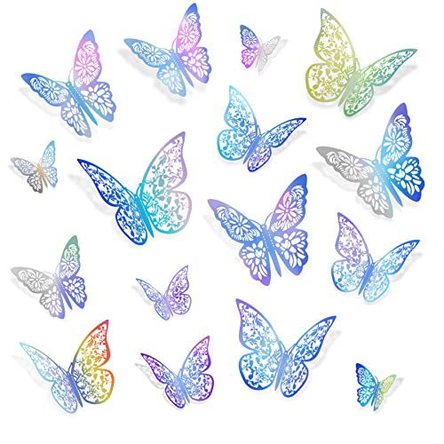 48pcs Laser 3D Butterfly Wall Decor, HKFUON 3 Sizes, 2 Styles Removable Paper Butterfly Wall Stickers Decorations, Butterflies Decals for Party Birthday Cake Baby Shower Bedroom Wedding Crafts Decor (Laser, 48pcs)
