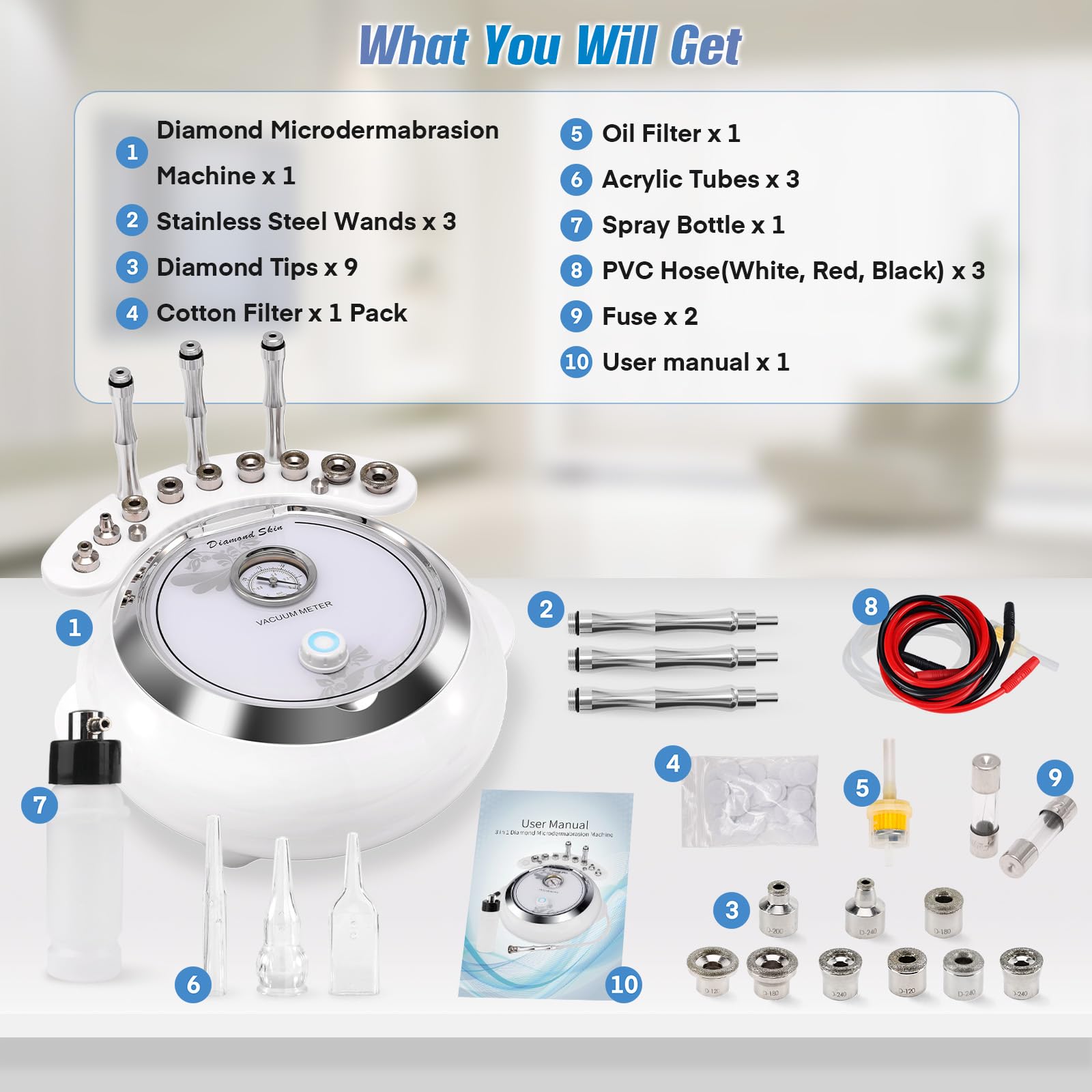 3 in 1 Diamond Microdermabrasion Machine, TopDirect Facial Skin Care Salon Equipment w/Vacuum & Spray (Strong Suction Power: 65-68cmhg)