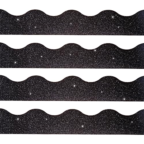 100 Feet Bulletin Board Border Glitter Shine Scalloped Borders Trim Glitter Bulletin Board Border Strips Decorative Classroom Poster Borders for Halloween Classroom School Office Party Decors,Black