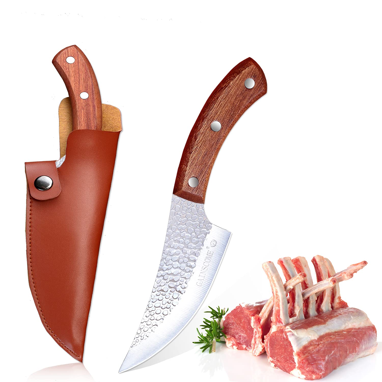 GAINSCOME Handmade Stainless Steel Boning Knife Kitchen Forged Chinese Vegetable Knives Fishing Knife Meat Cleaver Outdoor Cutter Butcher Knife Sharp A-Viking Knife Camping BBQ (5 inch)