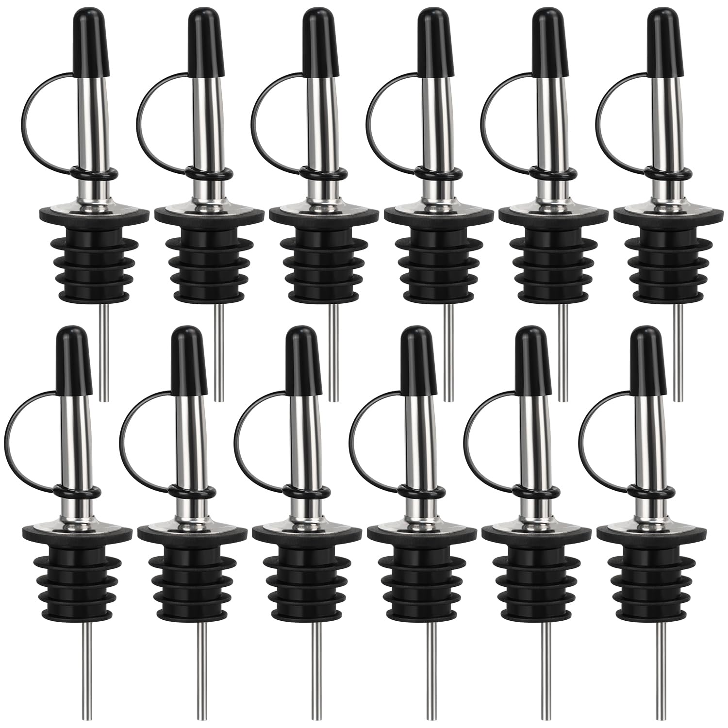 12/24/48/100 Pack Liquor Pour Spout, Stainless Steel Classic Bottle Pourers with Rubber Dust Cap, Speed Wine Bottle Pourer for Liquor Bottle, Oil Bottles(12 Pack)