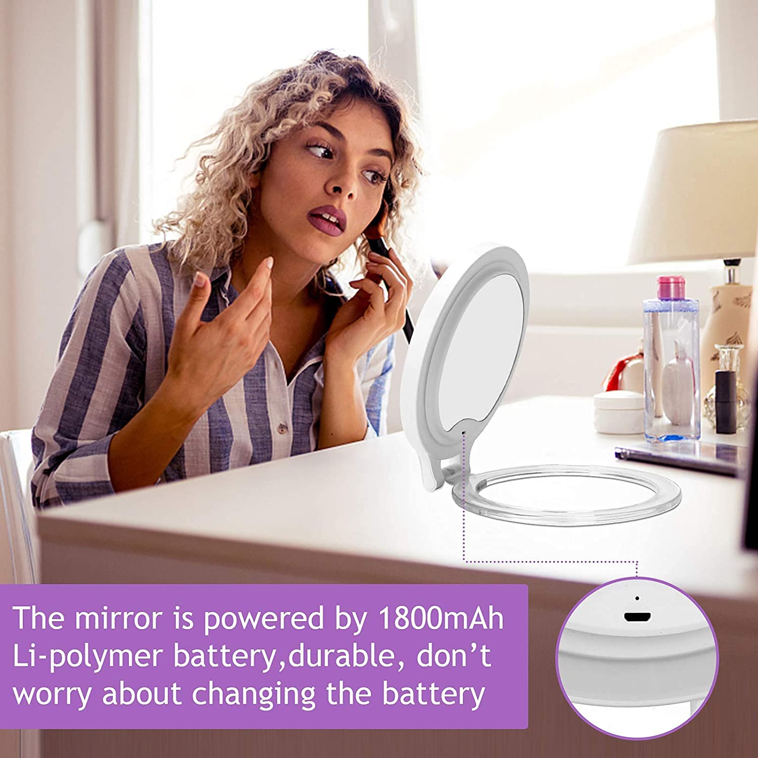 Flymiro Lighted Makeup Vanity Mirror with 10X 1X Double Sided Magnification Mirror, 3 Color Lighting, Rechargeable Tabletop Desk LED Foldable Travel Cosmetic Mirror with Lights