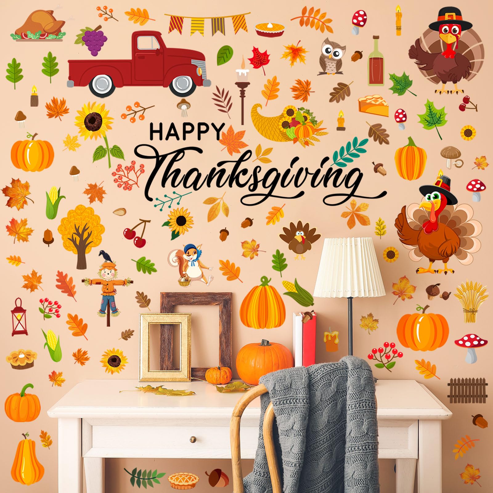 115 Pcs Fall Thanksgiving Wall Decals Turkey Maple Leaves Wall Stickers Autumn Pumpkin Wall Decals Decor Fall Leaves Window Clings Wall Decoration for Bedroom Living Room Home Decor