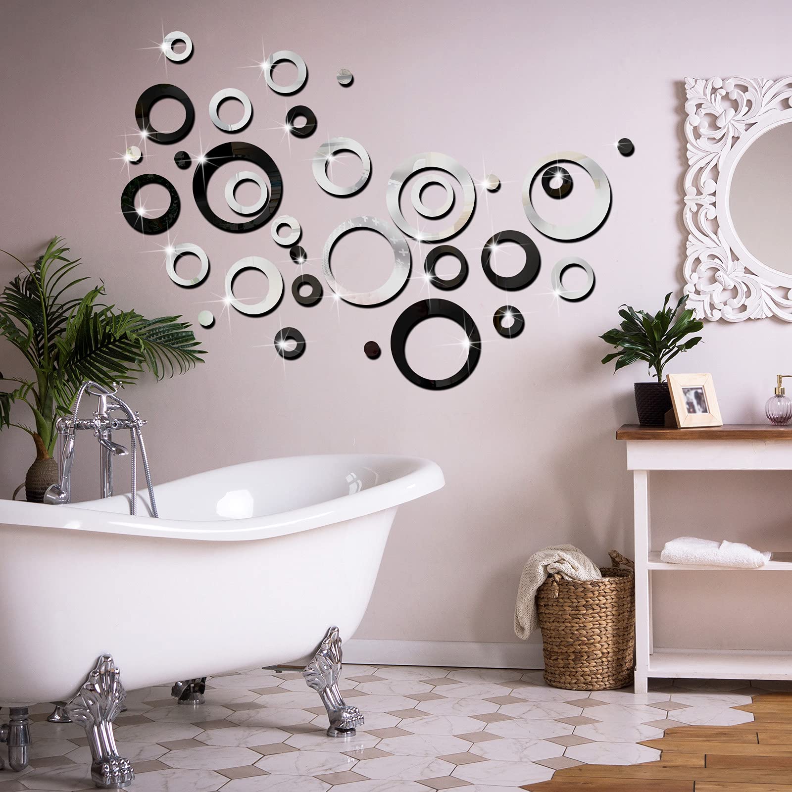 Outus 72 Pieces Wall Stickers Acrylic Circle Mirror Removable Round Dots Mirror Wall Decoration Wall Decals Murals for Home Living Room Bedroom Decor(Silver, Black)