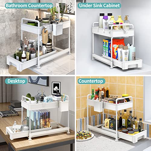 2 Pack Under Sink Organizer- Stackable 2 Tier Bathroom Storage Organizers and Storage with Hanging Cup and Hooks, White Under Sink Shelf Rack for Bathroom Kitchen Countertop Office Cabinets,White