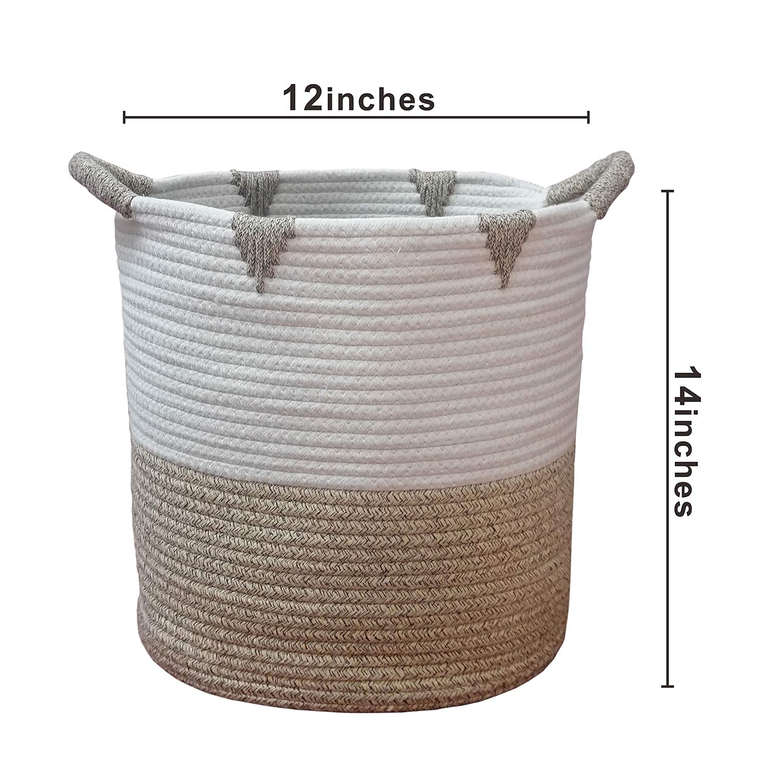 Cotton Rope Woven Storage Basket,2-Pack 12x12x14 Round Organizer Baskets,With Handles Foldable basket For kids& Pets ,Toy, Towels, Blanket ,Clothes.Decorative Basket for Living Room (White&Brown)