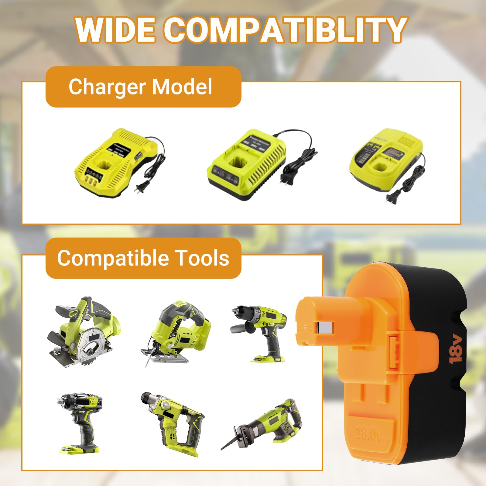 2 Pack 18V P100 Battery Replacement for Ryobi 18V Battery NiMH Compatible with Ryobi 18 Volt Battery for P101 ABP1801 ABP1803 BPP1820 130224028 130224007 Cordless Power Tools