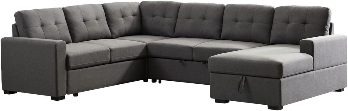 114" U-Shaped Tufted Upholstered Sleeper Sectional Sofa W/Pull Out Couch Bed and Left Storage Chaise, 6 Seaters Corner Sofa & Couch Convertible Oversized Sleep Sofabed for Home Apartment Living Room