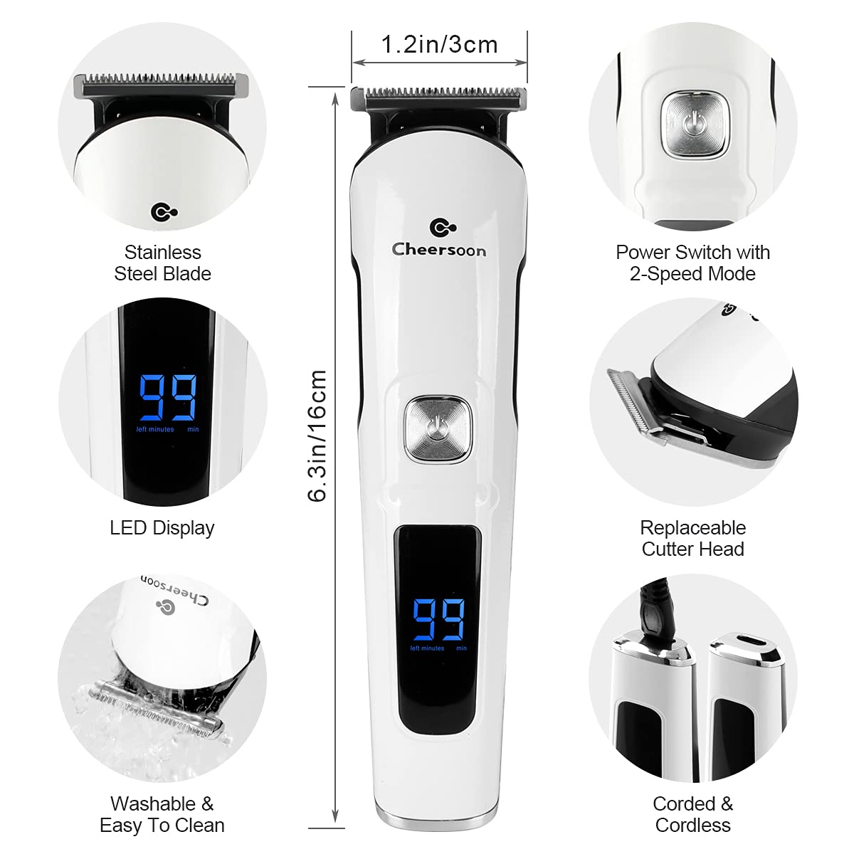 Beard Trimmer for Men, Nose Hair & Ear Trimmer, Cheersoon Electric Cordless Hair Clippers for Men, LED Display, IPX7 Waterproof Mens Grooming Kit