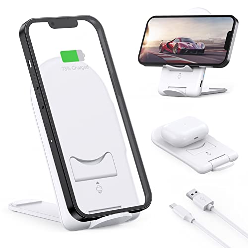 Foldable Wireless Charging Stand,15W Fast Wireless Charger and Charging Pad for iPhone 14/13 Pro Max/12/11/8 Plus/X/XR/XS/Mini/SE, Pixel 6/5,Samsung S21 Ultra/20/10/ Note 10 and AirPods(No Adapter)
