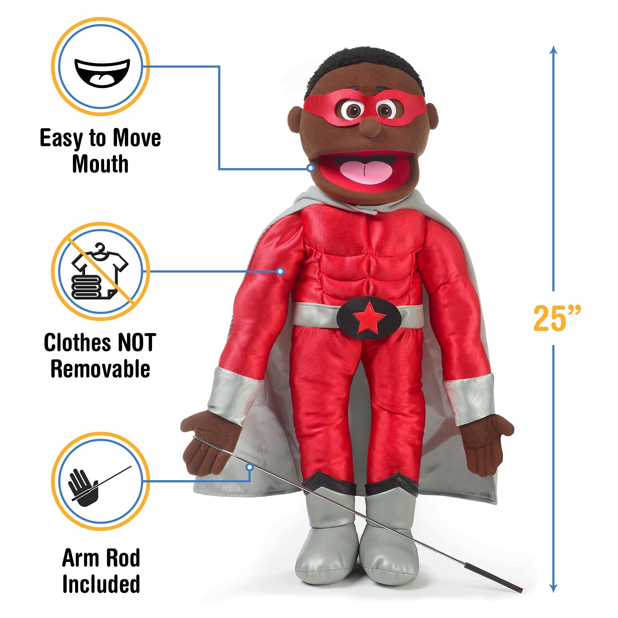 25" Superhero Boy, Black, Full Body, Ventriloquist Style Puppet