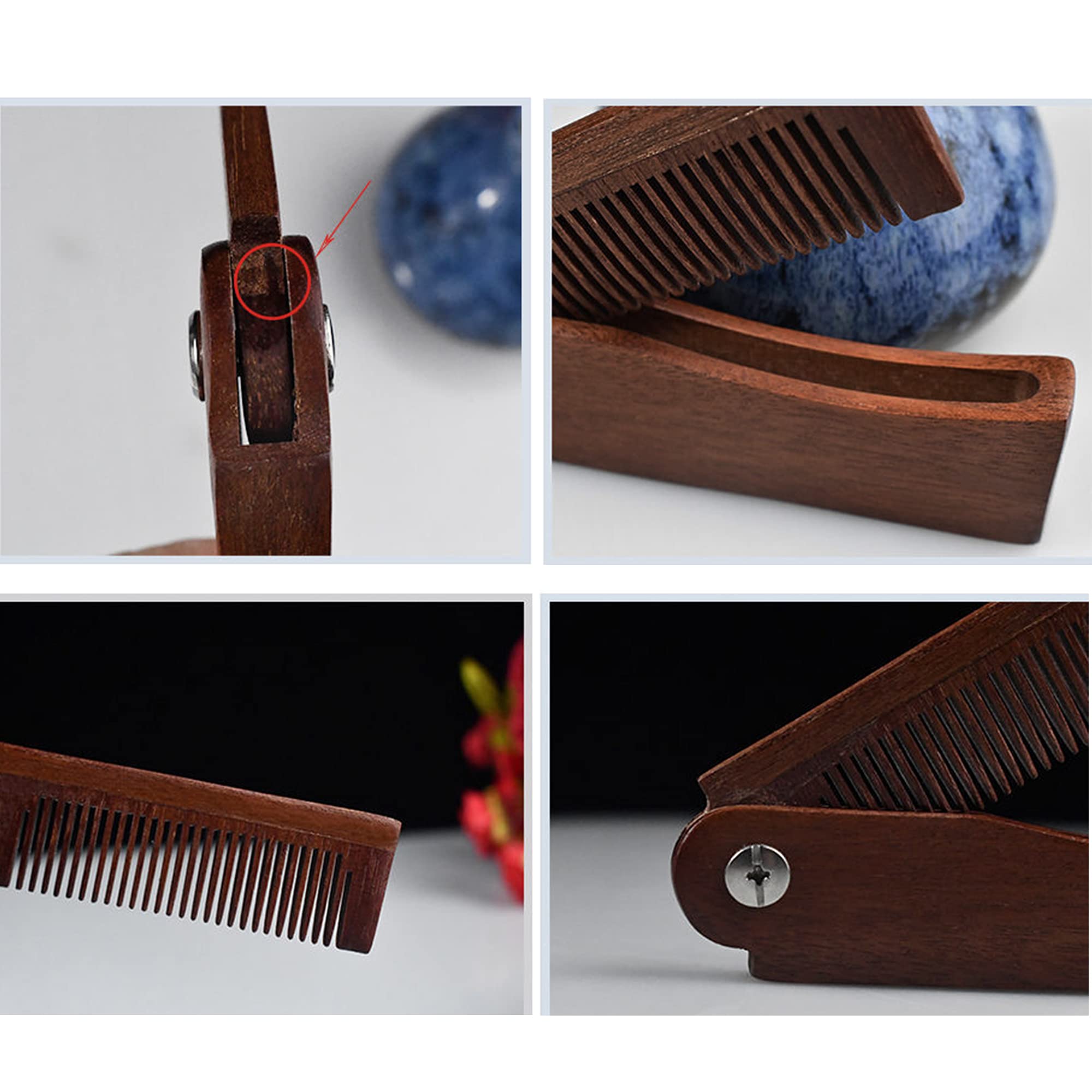 Folding Beard Red Sandalwood Comb-Fine Tooth Folding Comb for Men Hair,Beard,Mustache Styling, Pocket sized Beard Comb w/Gift Box for Daily Grooming