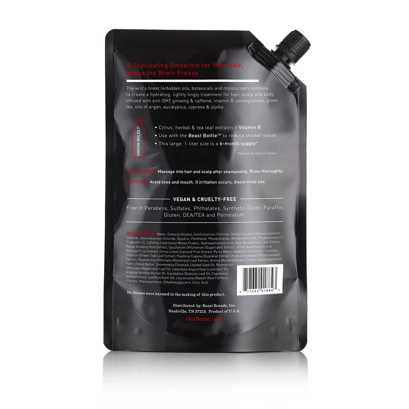 Beast Conditioner Refill Pouch - Hydrating & Awakening With Caffeine, Ginseng & Argan Oil, 1L (33.8 Fl Oz)