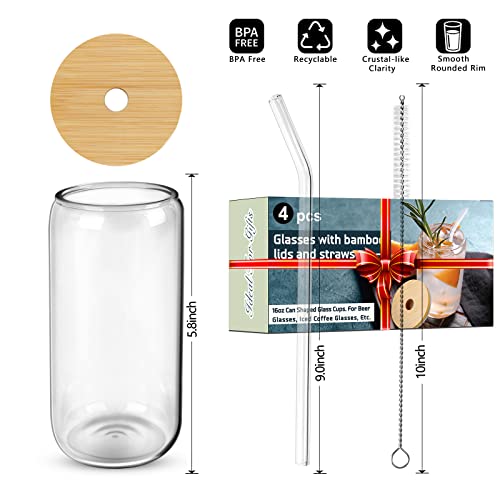 4pcs Set Drinking Glasses With Bamboo Lid And Glass Straw - 16oz Can Shaped Drinking Glass Set, Iced Coffee Mug, Cute Tumbler Cup, Whiskey, Water- Gift Best Choice - 2 Cleaning Brushes (Covered)