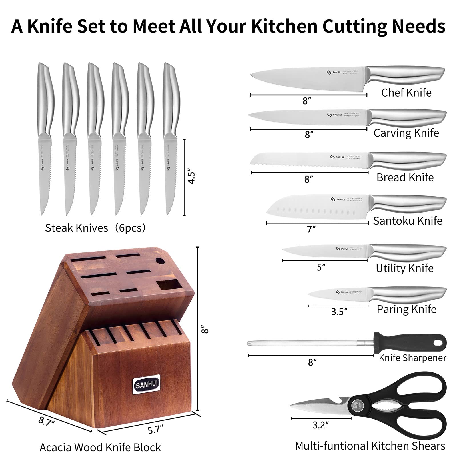 15-Piece Knife Set with Block, Superior High-Carbon Stainless Steel Blades with Precision and Accuracy, Hollow Handle, Steak Knife Set of 6, Chef Knife Set for Kitchen
