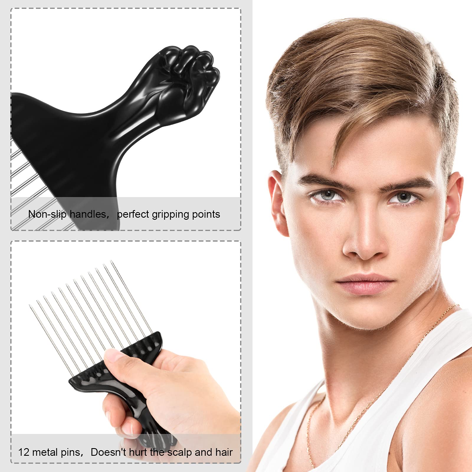 3 Pieces Hair Lift Combs with Metal Prongs for Women - Salon Teasing Back Combs in Pink or Black Carbon with Stainless Steel (Black)