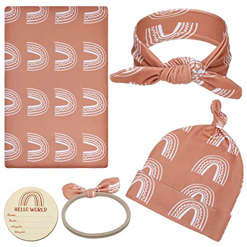5 Pcs Rainbow Newborn Swaddle Set with Muslin Baby Swaddle Blanket, Wooden Baby Announcement Sign, Matching Hat and Bow, Boho Vintage Swaddle and Headband Set for Boys Girls Newborns Infants (Caramel)