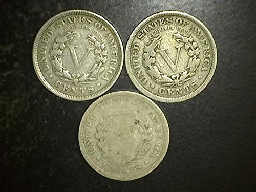 1883 No Mint Mark to 1912 5c US Liberty Head (Barber) Nickels - Set of 3 Coins - All FULL LIBERTY - 3 Different Dates Fine and Better