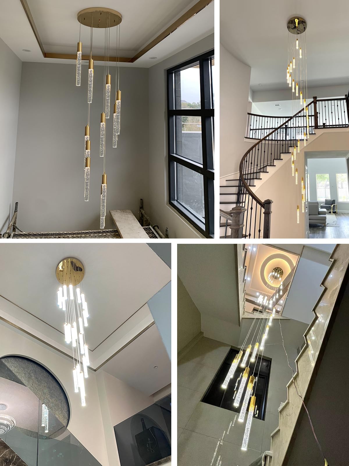 12 Lights 118" Modern High Ceiling Chandelier Crystal Gold Light Fixtures Dimmable Long Hanging Pendant Lighting Fixtures for Staircase Living Room Foyer Hallway Flush Mount Ceiling Light Polished