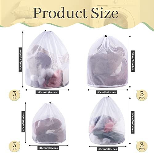 12 Pcs Mesh Laundry Bag with Drawstring White Heavy Duty Mesh Bag Machine Washable Sheet Drawstring Bag Net Wash Bag Laundry Washing Bag for Delicates College Dorm (Fine Style)
