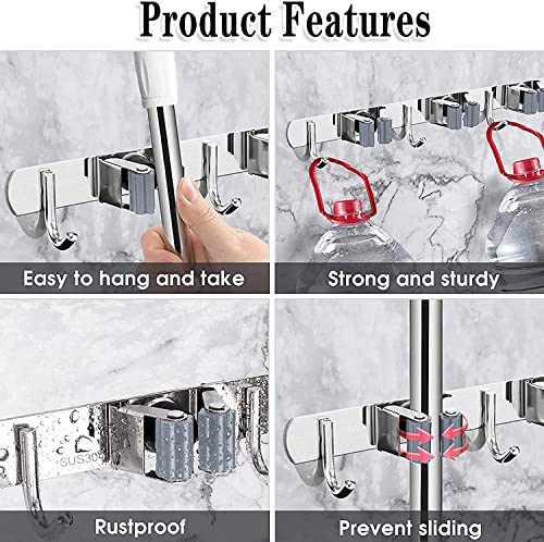 2 Packs Broom and Mop Holder Wall Mounted Garage Organizer Storage Tool Racks Heavy Duty Stainless Steel Mop Holder 4 Hooks 3 Clips, Holds up to 14 Tools for Laundry Room Garden Garage Closet Kitchen