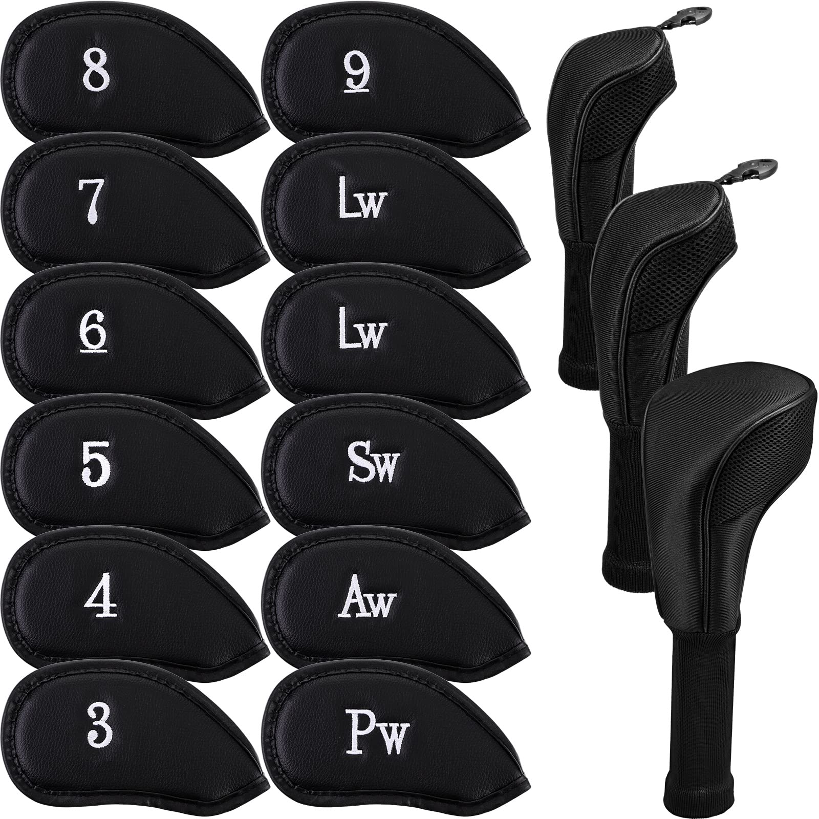 12 Pcs Thick Synthetic Leather Golf Iron Head Covers Set Iron Headcovers 3 Pcs Golf Club Head Cover Driver Golf Accessories for Fairway Driver Clubs Woods, Black