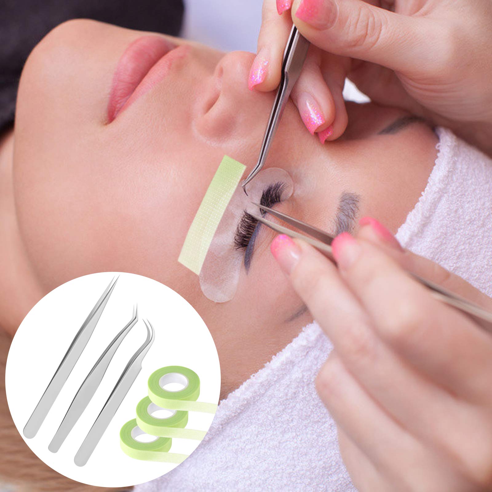 3 Rolls Eyelash Extension Tape with Tweezers, SourceTon Micropore Fabric Tape Roll 0.5 Inch 10 Yards (Green) with 3 PCS Straight Pointed and Curved Tweezers (Silver)