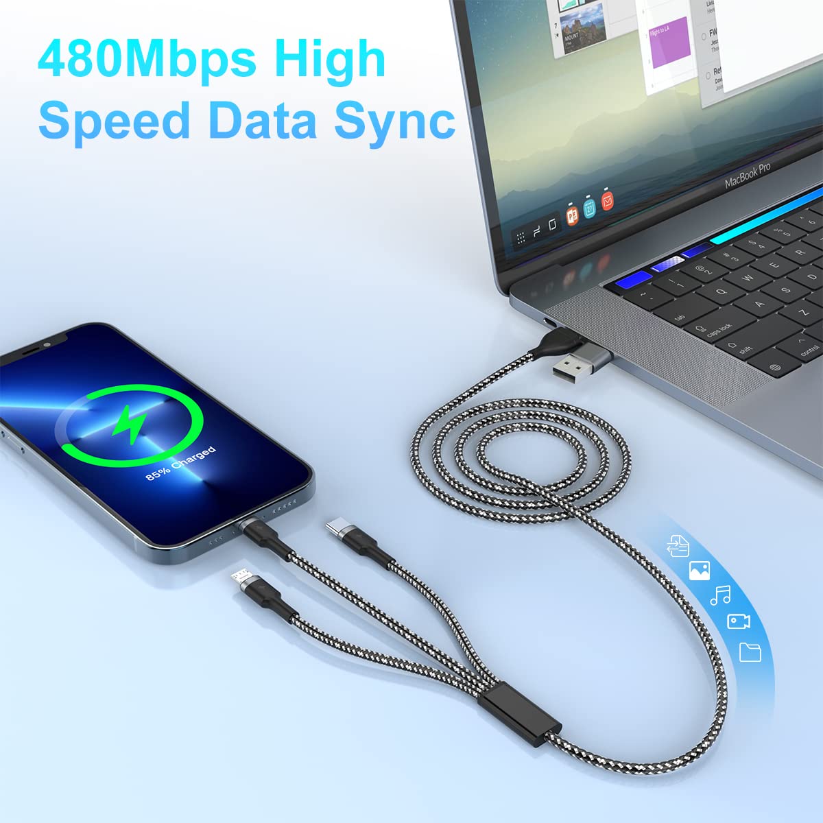 100W USB C Multi Fast Charging Cable, 6FT 5-in-2 PD 60W USB/C to USB C/Micro USB/MFi Certified iPhone Charging Cord Braided Fast Charging Cord Universal Sync Charger Adapter for iPhone/Android Phone