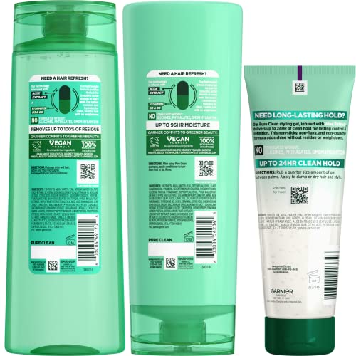 Garnier Fructis Pure Clean Purifying Shampoo, Hydrating Conditioner, and Strong Hold Styling Gel Set (3 Items), 1 Kit (Packaging May Vary)