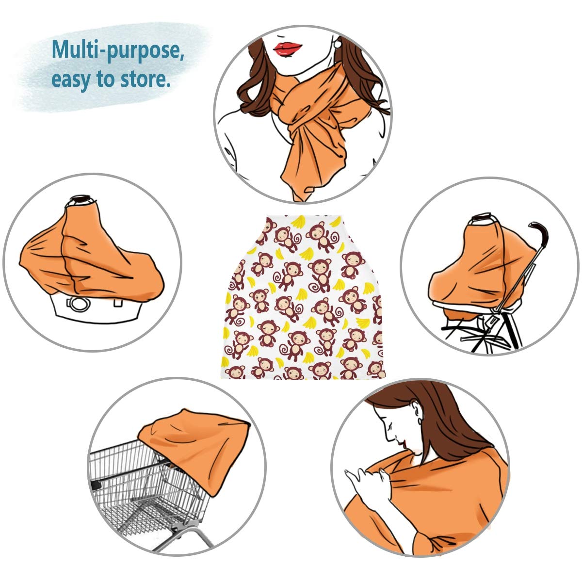 Nursing Cover Breastfeeding Scarf Brown Monkey - Baby Car Seat Covers, Stroller Cover, Carseat Canopy (801h)