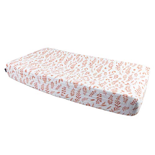 Bebe au Lait Premium Muslin Changing Pad Cover - Elasticized Fit, Safety Strap Holes, 2-Layer Open-weave, 100% Cotton Muslin, Fits Standard Baby Changing Pad up to 36" X 18" X 6"-One Size, Pink Leaves
