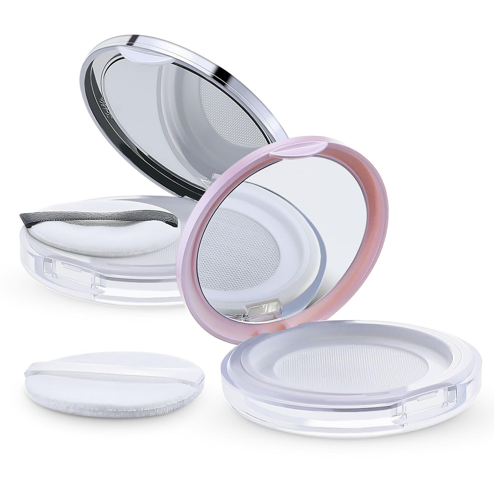 longway Loose Powder Compact Container Empty Portable Plastic DIY Makeup Powder Case, 5g Slim Powder Box with Powder Puff,Mirror and Elasticated Net Sifter (2pcs,pink+sliver)