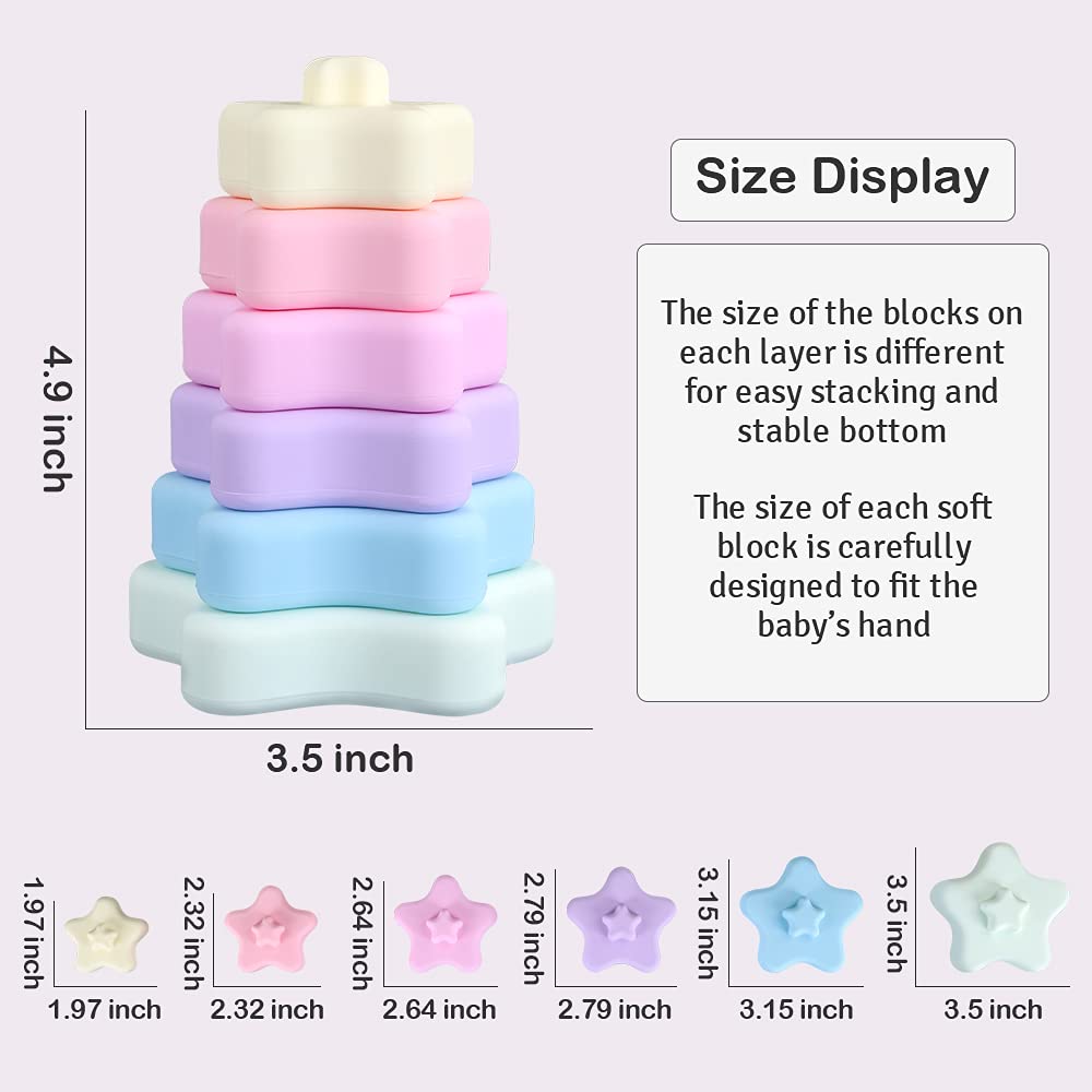 AmazingM Baby Silicone Stacking Toy,6 Pcs Soft Building Ring Stacker,Blockers Tower Teether for 6+ Months Boys and Girls Early Educational Learning. (Star)