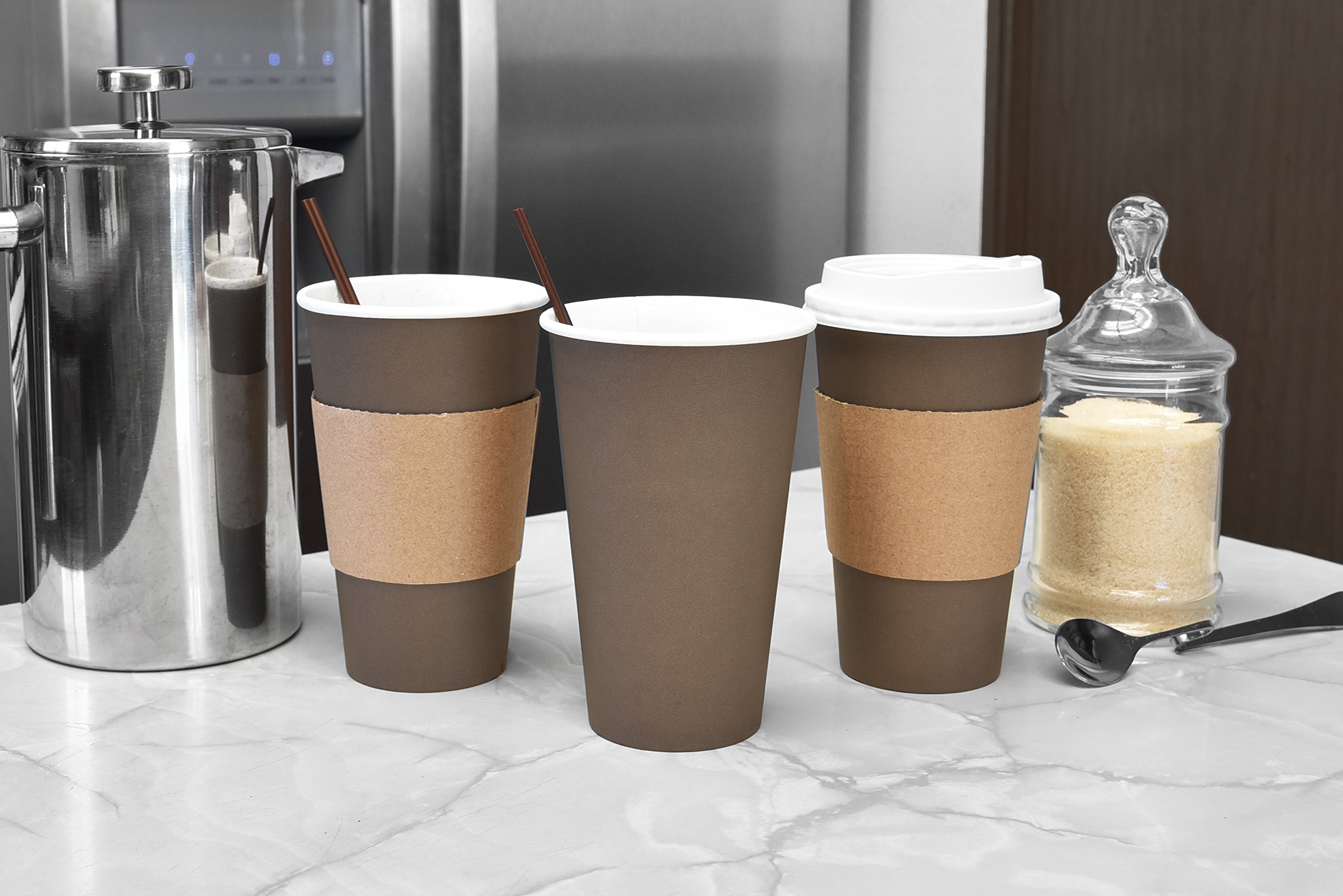 100 Pack - 16 Oz [8, 12, 20] [4 Colors] Disposable Hot Paper Coffee Cups, Lids, Sleeves, Stirring Straws - Mocha Brown