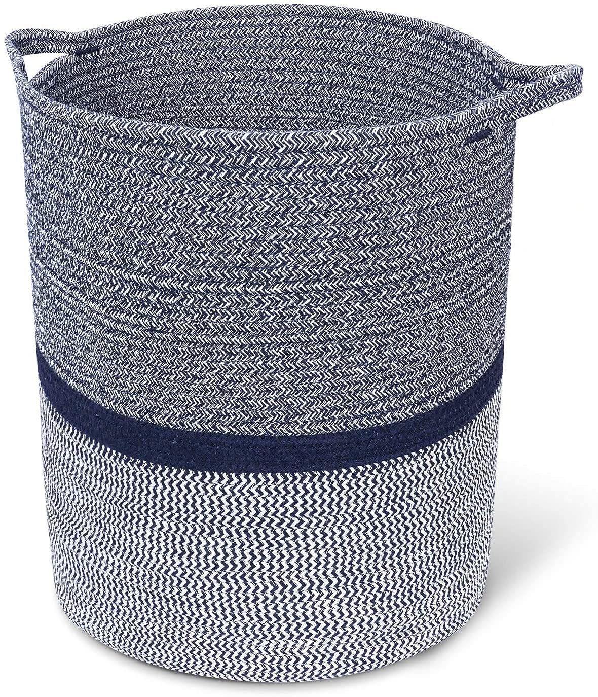 INDRESSME Large Cotton Rope Storage Basket Baby Laundry Basket Woven Baskets Blanket Basket with Handle for Diaper Toy Off White Home Decor 14.2'' x 13.4'' x 16.2'', Navy