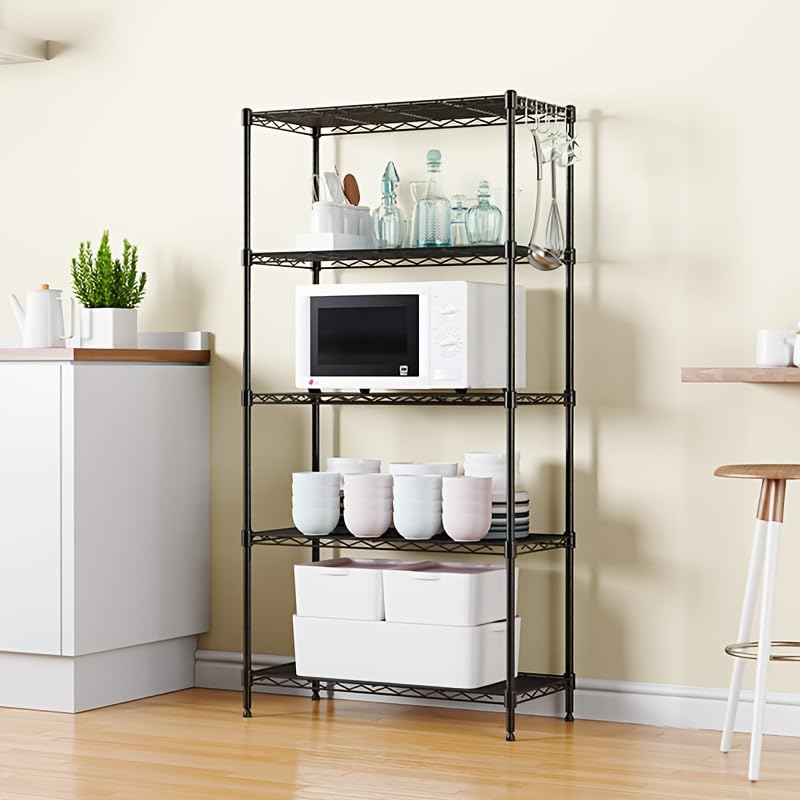 1pc Black 5-tier Storage Rack, Heavy Duty Storage Shelving Unit (150 Lbs Loading Capacity Per Shelf), Steel Organizer Wire Shelf, Can Be Used In Bathroom, Dining Room, Living Room, Bedroom, Garage