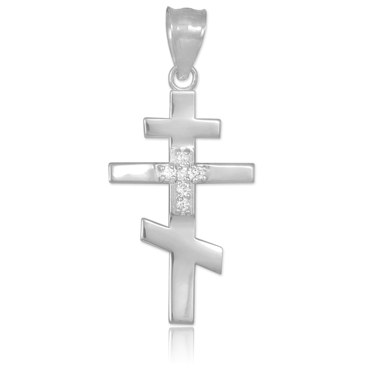 14k White Gold Diamond Studded Orthodox Charm Russian Cross Pendant