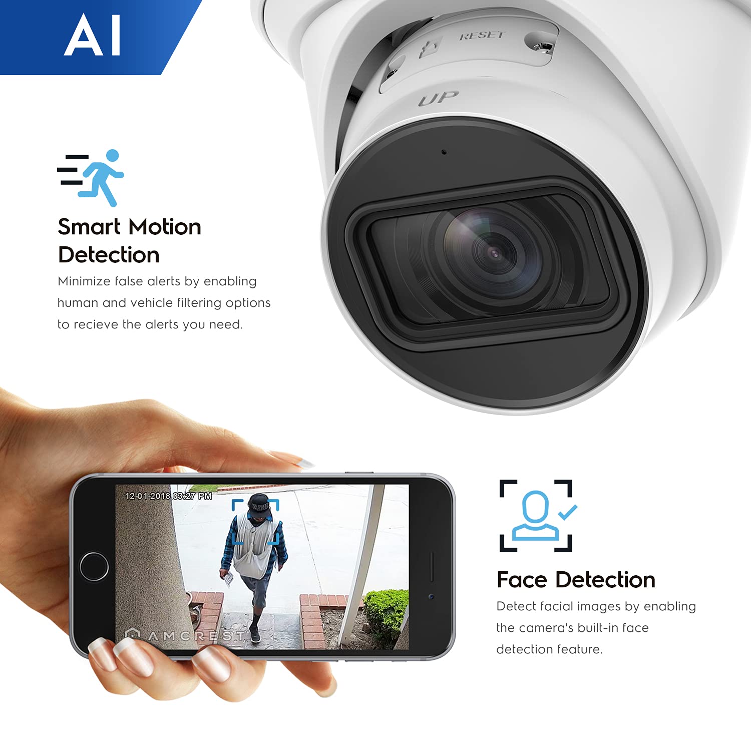 Amcrest 4K Optical Zoom AI IP PoE Camera, Varifocal 8MP Outdoor IP POE AI Camera Turret, Face Detection, Human/Vehicle Detection, 2.7mm~13.5mm Lens, IP67, 5X Optical Zoom (IP8M-VT2879EW-AI)