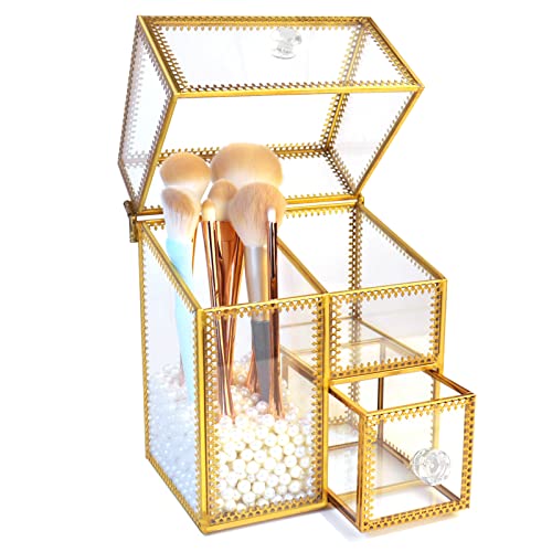 LANGBOHOS Gold Glass Makeup Holders and Organizer Lipstick Display Glass Brush Holder Clear Covered Comestics Organizer Vintage Makeup Organizer Decoration Jewelry Nail Brush