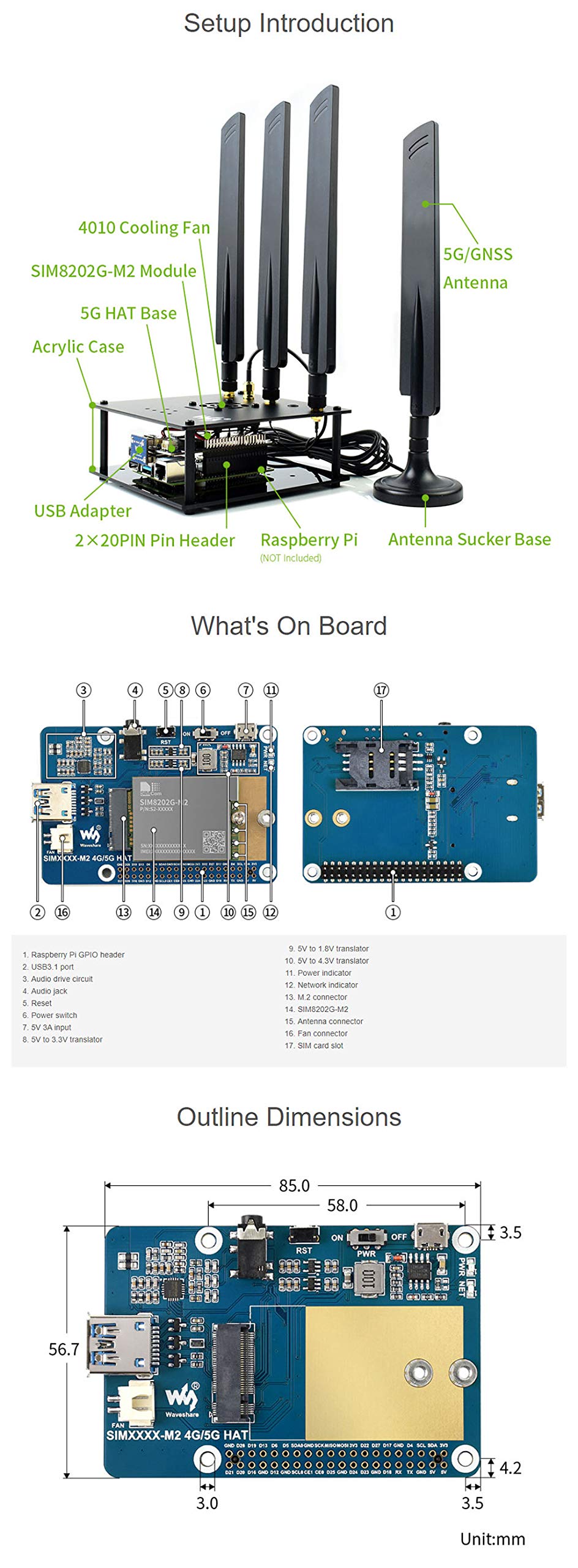 Coolwell Waveshare SIM8202G-M2 5G HAT with Antennas, Support 5G/4G/3G Snapdragon X55 Onboard, Multi Mode Multi Band, for Regions with 5G Sub-6G Signal Coverage