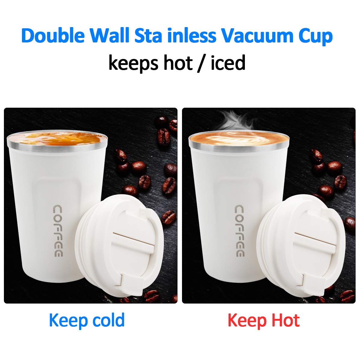 12 oz Stainless Steel Vacuum Insulated Tumbler - Coffee Travel Mug Spill Proof with Lid - Thermos Cup for Keep Hot/Ice Coffee,Tea and Beer (White)