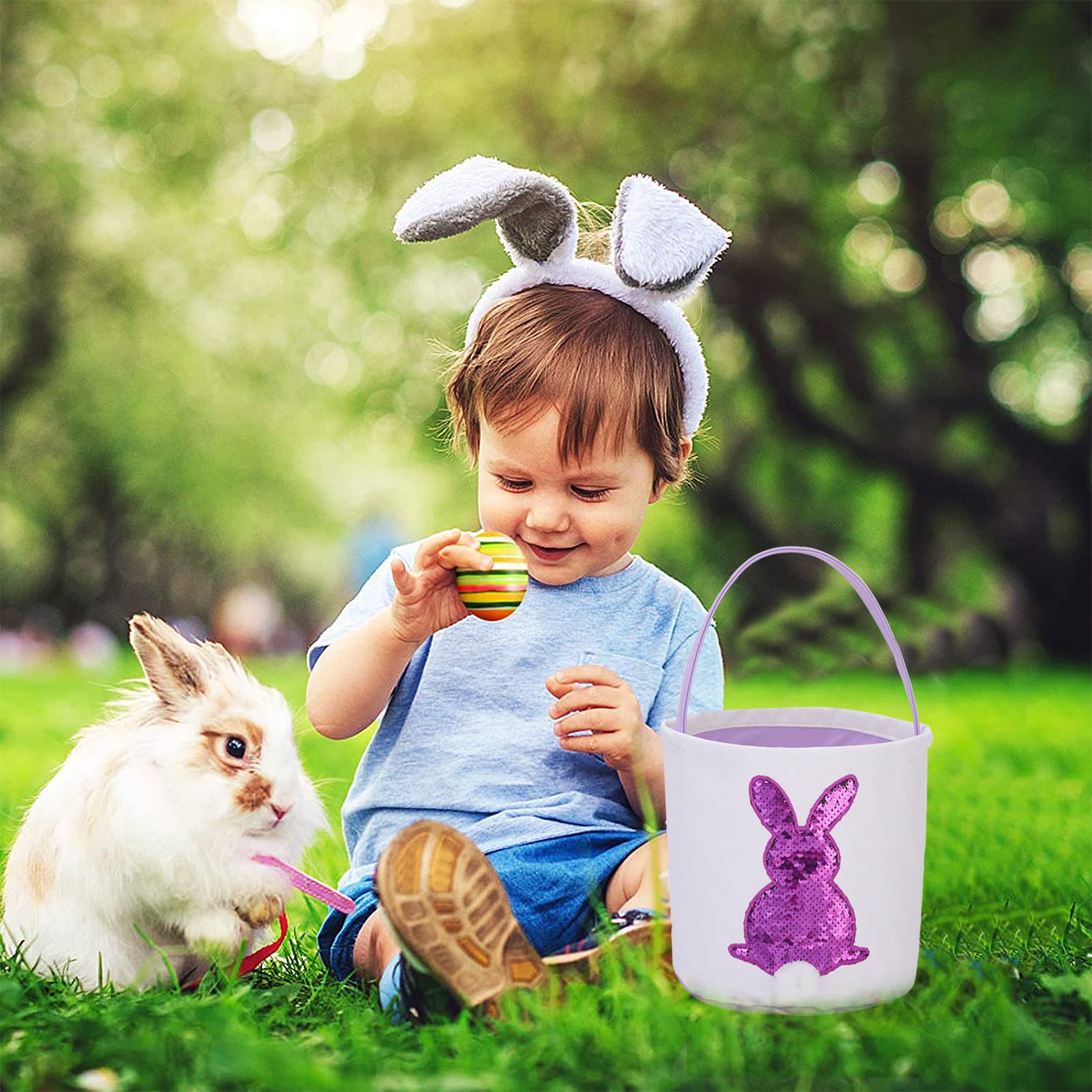 4 Pack Easter Bunny Basket Bags for Kids, Sequins Rabbit Canvas Eggs Hunt Baskets with Fluffy Tails, Tote Bag Candies Gifts Bucket for Easter Party - Blue, Purple, Pink and Green