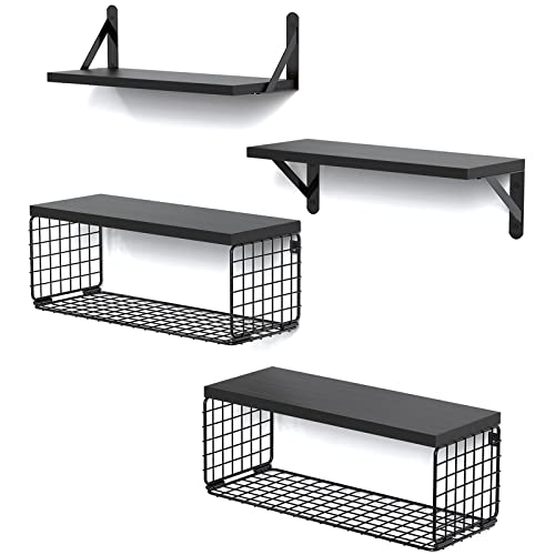 Aiyome, Wall Floating Shelves, Wall Mounted Shelf Set of 4, with Metal Baskets, Rustic Décor Style, Shelf for Bathroom, Kitchen, Bedroom, Storage, Living Room - Black.