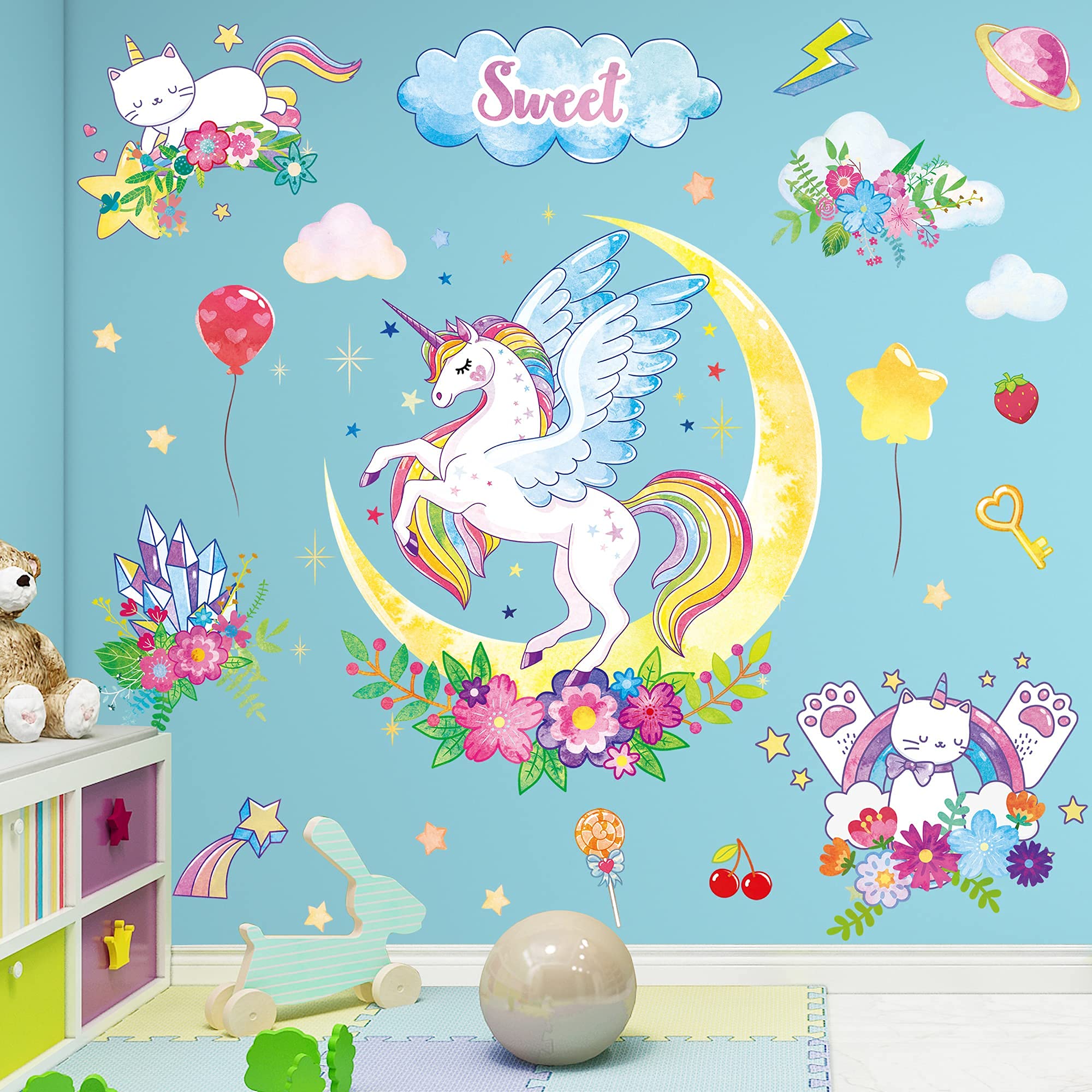 LiveGallery 3D Rainbow Colorful Unicorn with Cute Cat Flowers Moon Clouds Wall Stickers Murals Rmovable DIY Peel and Stick Decor Decal for Kids Girls Nursery Bedroom Living Room Classroom Decoration