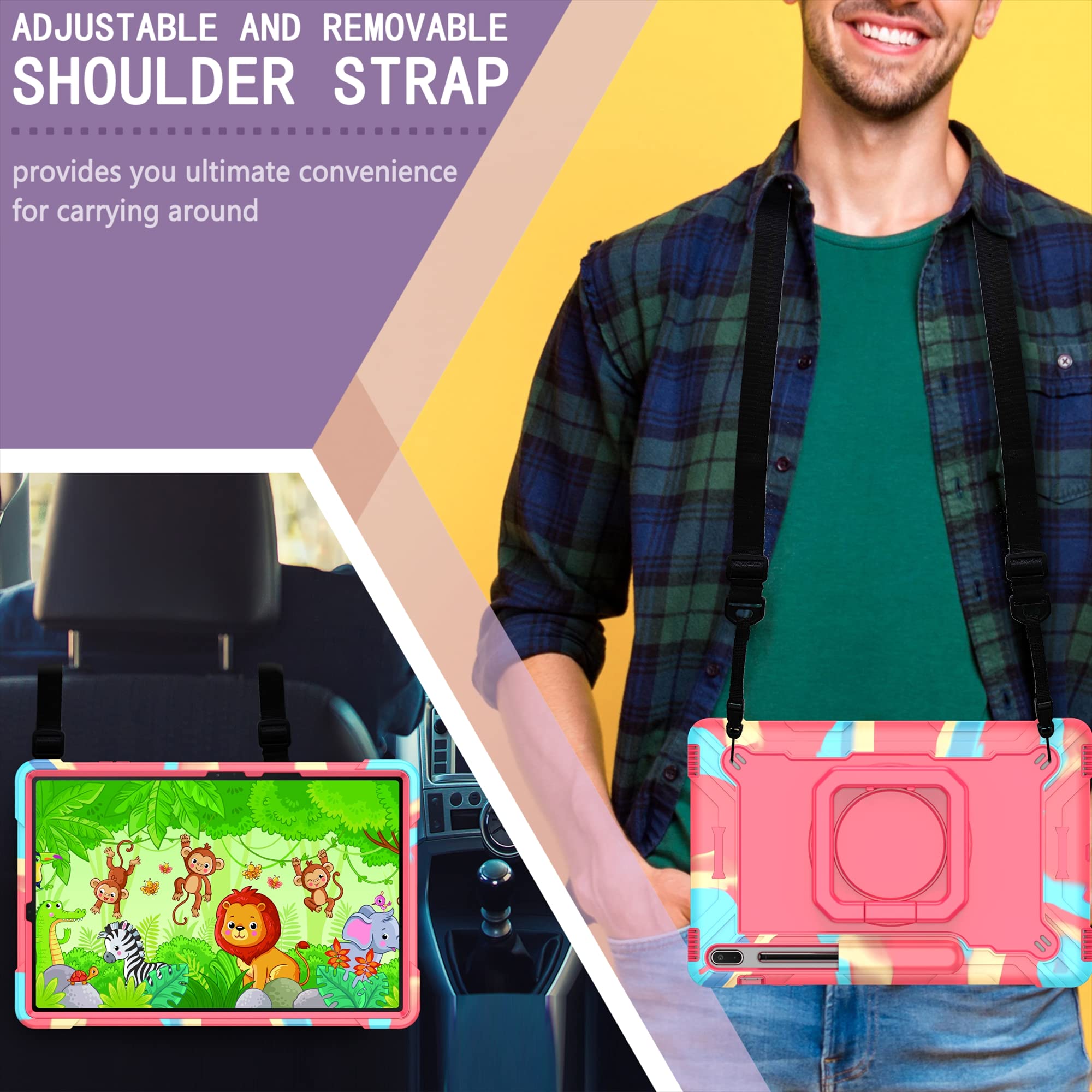 Galaxy Tab S8 Plus Case/Galaxy Tab S7 FE 5G Case Kids/Tab S7 Plus Case 12.4" SM-T738, Dteck Shockproof Case with 360°Swivel Kickstand Case for Samsung Galaxy Tab S8+/Tab S7 FE/Tab S7+, Rainbow & Rose