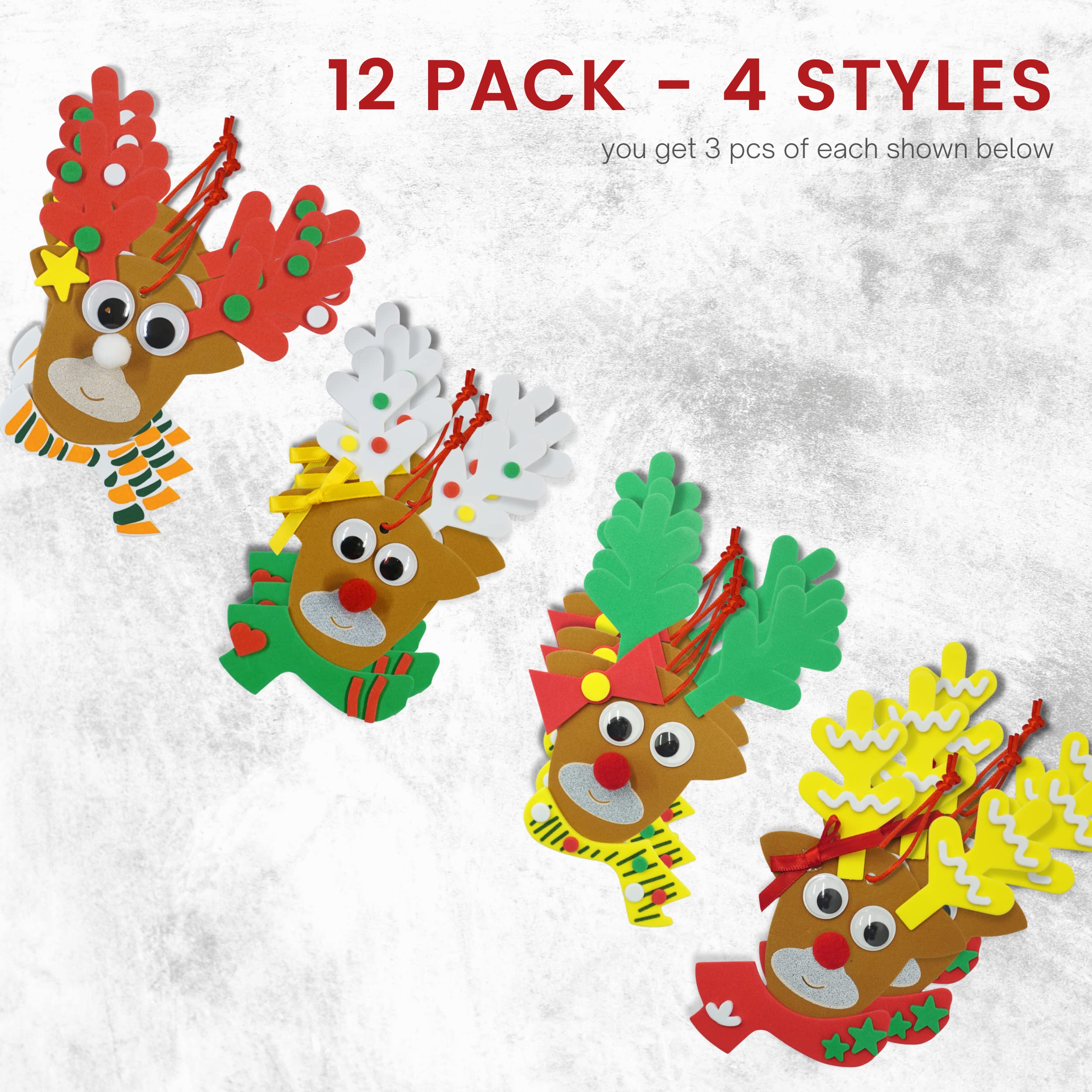 4E's Novelty Reindeer Christmas Ornament Craft for Kids (12 Pack) Updated Edition - Foam Bulk Arts and Crafts Kit for Kids Toddlers 4-8 DIY Craft Party Favor Activity Project