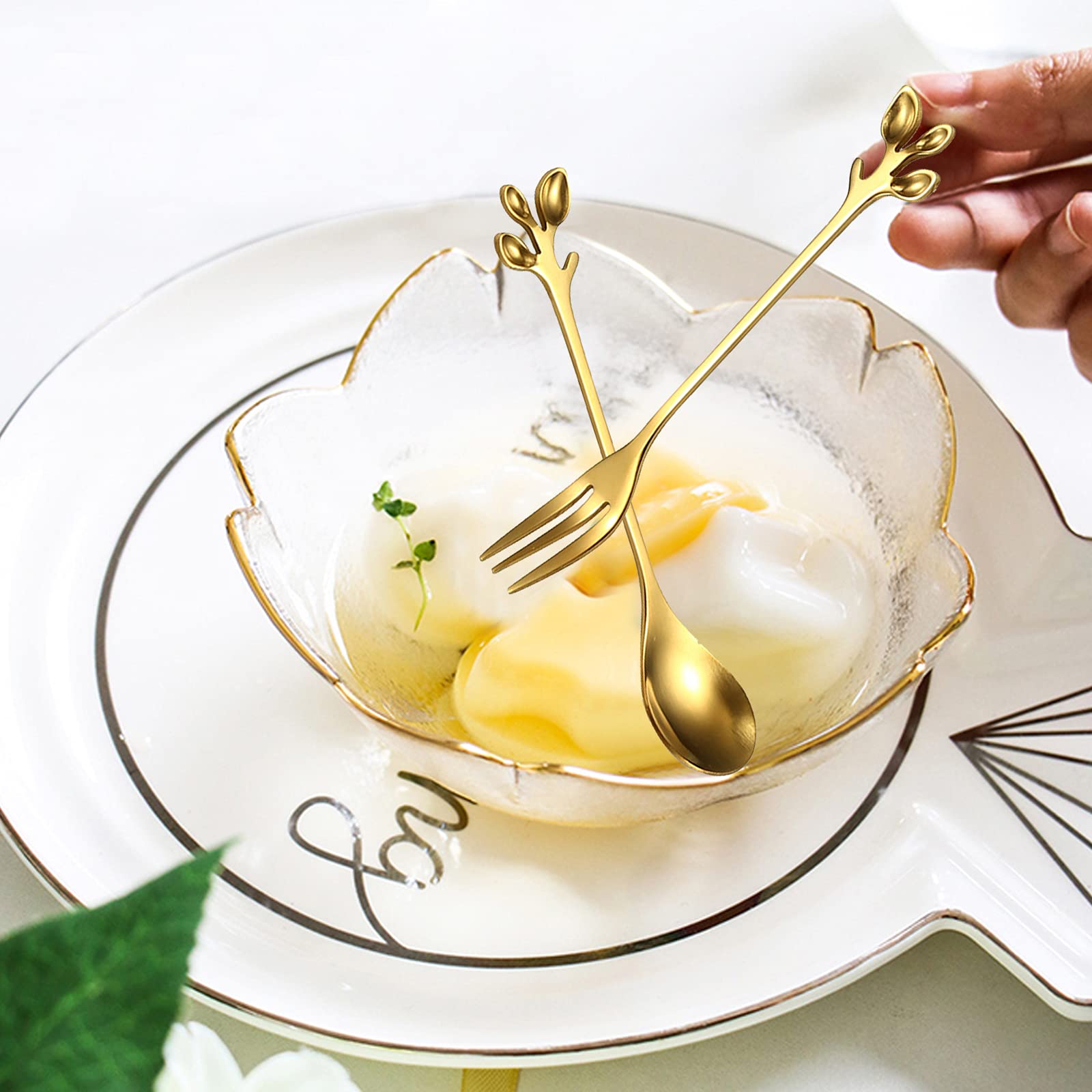 12 Pieces Stainless Steel Gold Leaf Coffee Spoon, findTop Spoons Fruit Forks Stainless Steel Mini Creative Tableware for Sugar Cake Ice Cream Tea Stirring Mixing Tea Spoon and Fork Set (Gold)