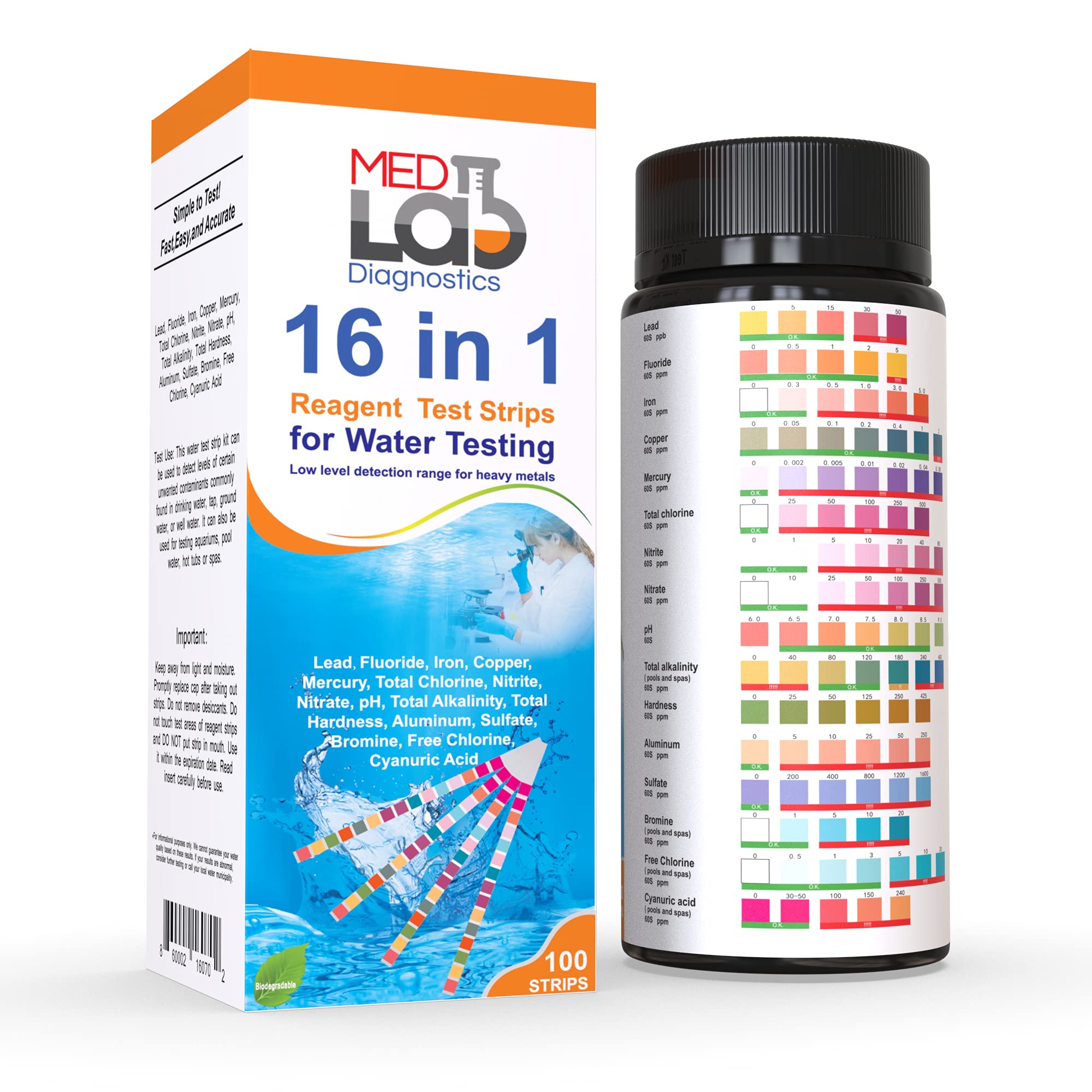 16 in 1 Drinking Water Test Kit Strips, 100 cnt. Home Water Quality Test for Tap Water, Pool, Spa. Strips for Water Hardness, Total Chlorine, Mercury, Lead, Aluminum, Fluoride, Iron, pH and More