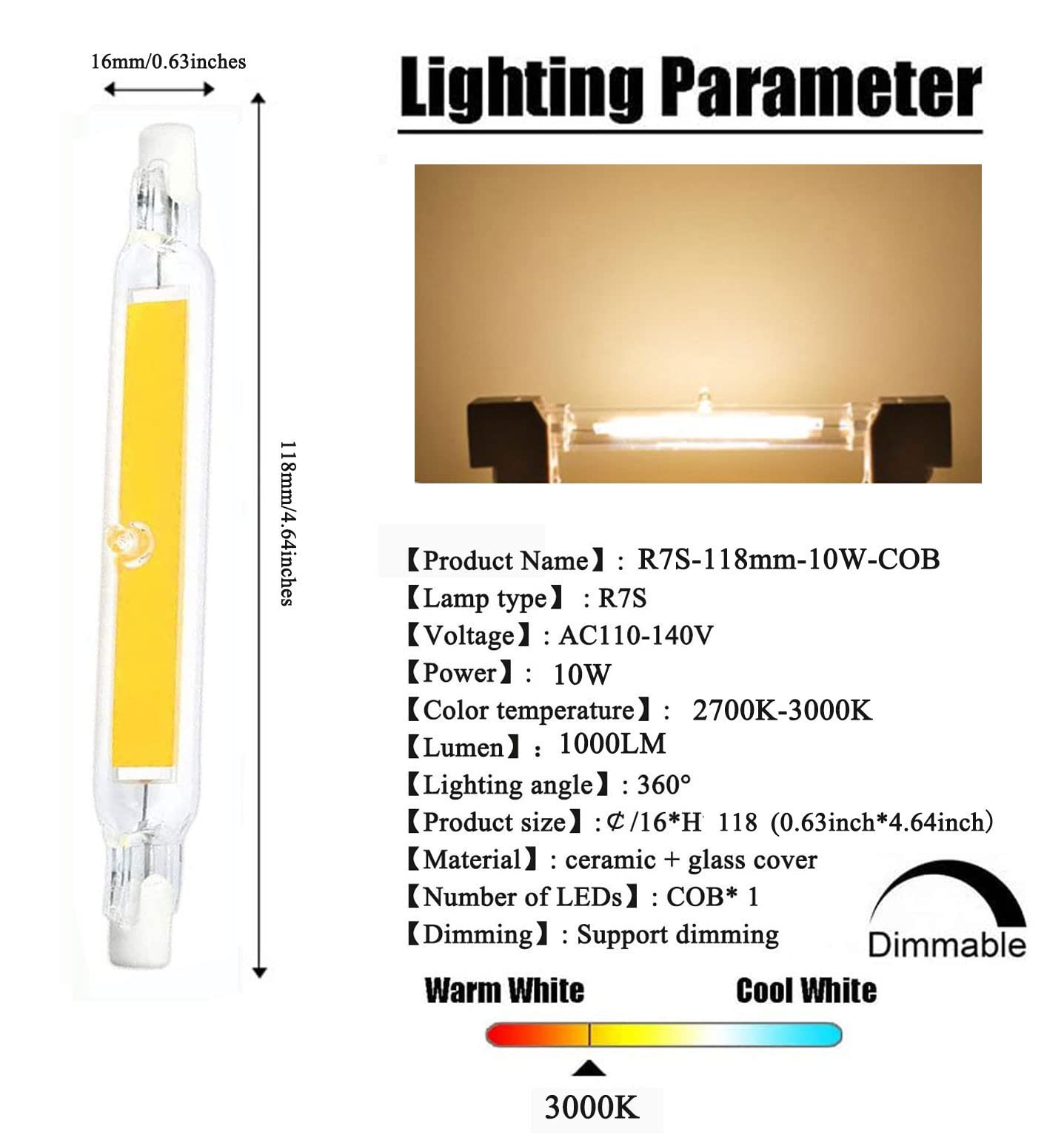 118mm 10W R7S LED Bulb (3 Pack) 100W Halogen Equivalent 118mm J-Type 10W 120V R7S Base 3000K Warm White J Type T3 118mm Double Ended Flood Light Bulbs 360°Beam Angle Landscape Lights,3-Pack